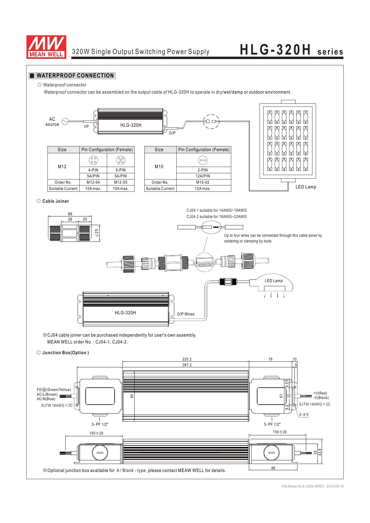 MEAN WELL HLG-320H-48B 320W 6.7A 48V Constant Voltage + Constant Current LED Driver