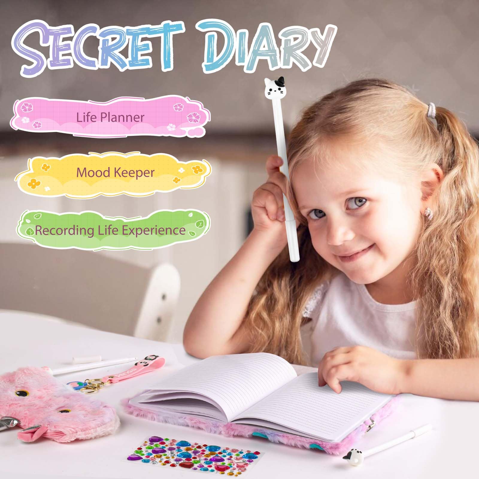 Cat Diary with Lock Gift for 6 7 8 Year Old Girl,Secret Journal Notebook Diary for Girls,Kids Journals for Girls Christmas Gift Set,Secret Diary with Pen Pouch Panda Keychain Cat Paw Pen.
