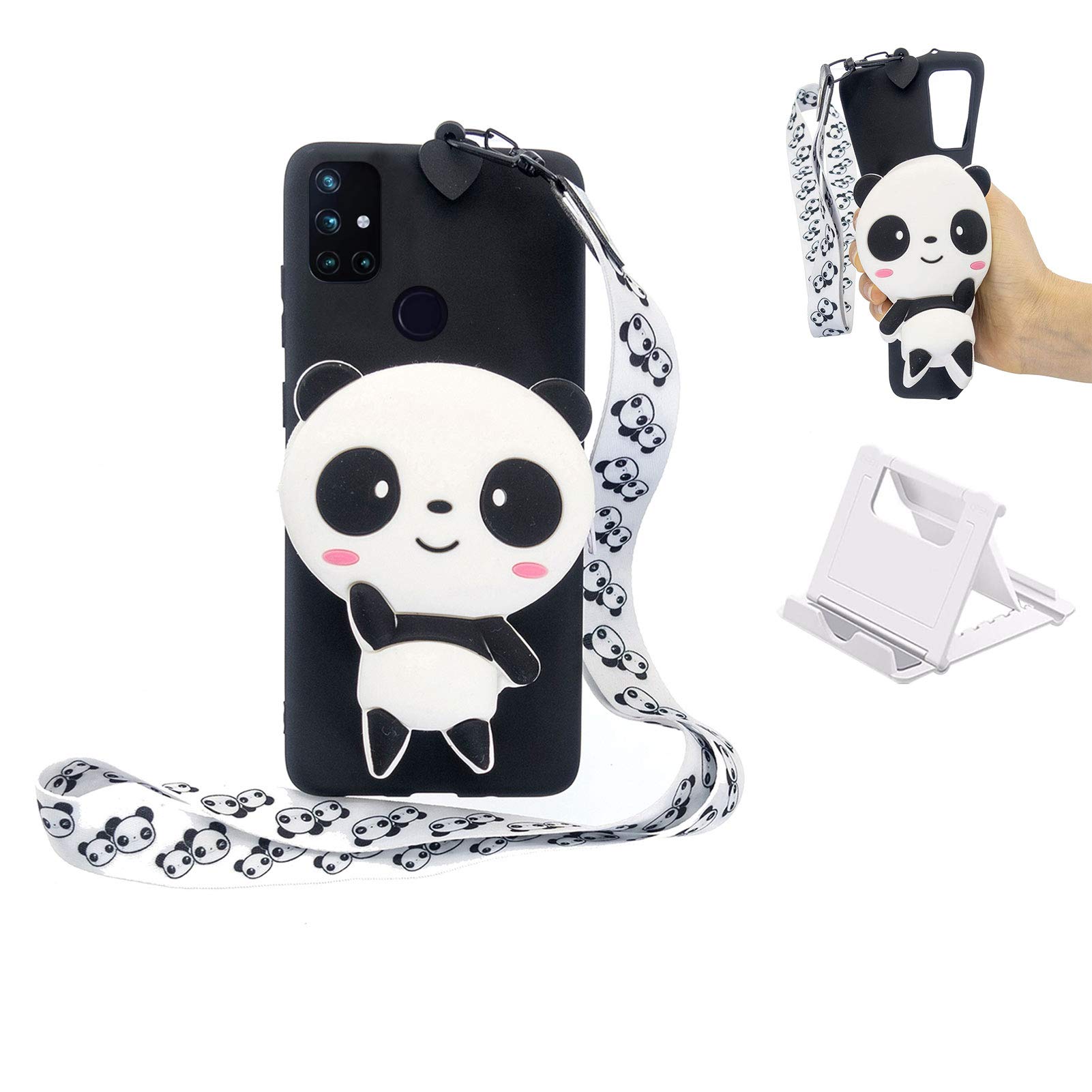 Yewos Case Compatible with Oneplus Nord N10 5G,3D Cute Animals Pandas Cartoon Soft Black Silicone Wallet Case with Wrist Strap,Pretty Kawaii Funny Kids Teens Girls Shockproof Protective Cover