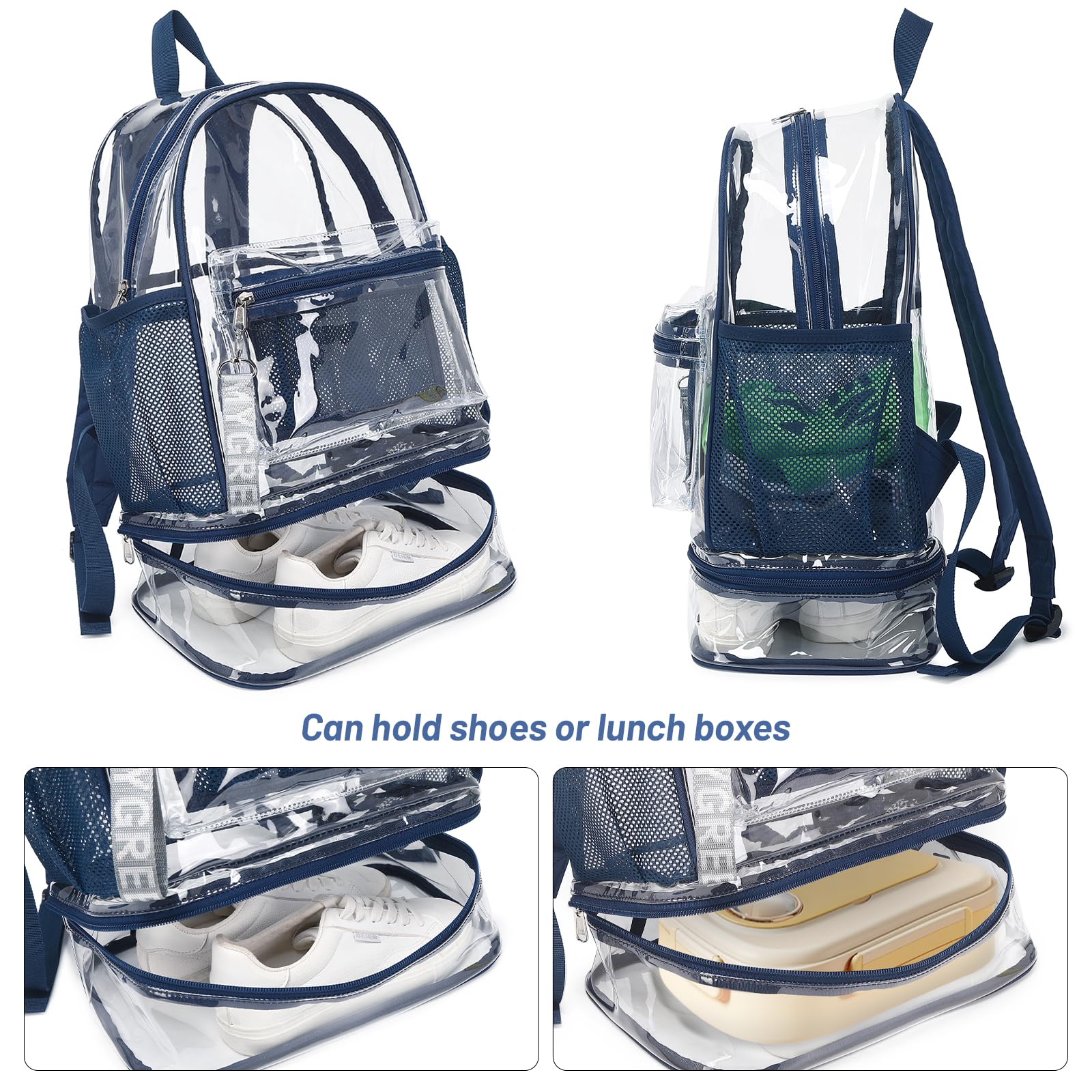 mygreen Clear Backpack with Bottom Compartment for Lunch Box or Shoes, 2-in-1 Design for School, Sports, Work, Stadium, Security, Travel, College Grey