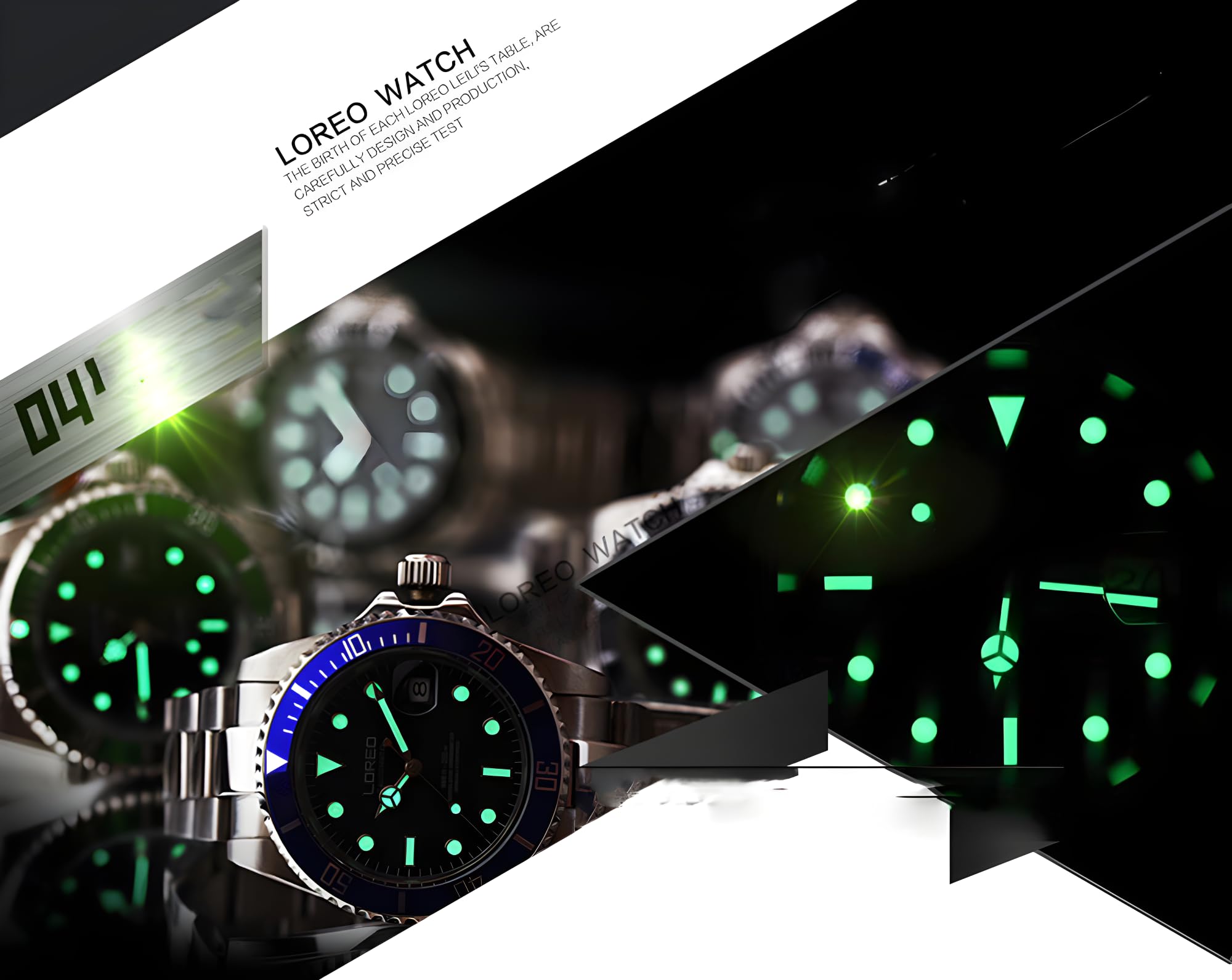 LOREO Luxury Automatic Watch for Men Sapphire Crystals Black Rotating Bezel Luminous Markers and Hands Date 316L Stainless Steel Case and Bnad Waterproof Watch
