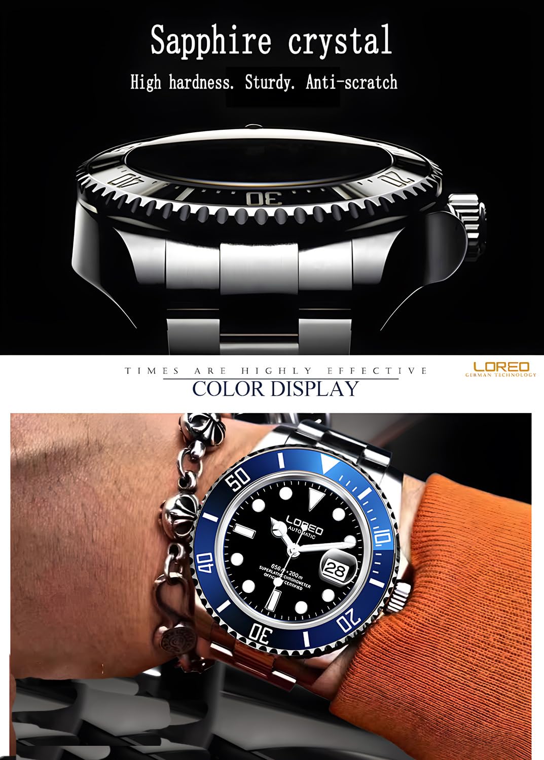 LOREO Luxury Automatic Watch for Men Sapphire Crystals Black Rotating Bezel Luminous Markers and Hands Date 316L Stainless Steel Case and Bnad Waterproof Watch