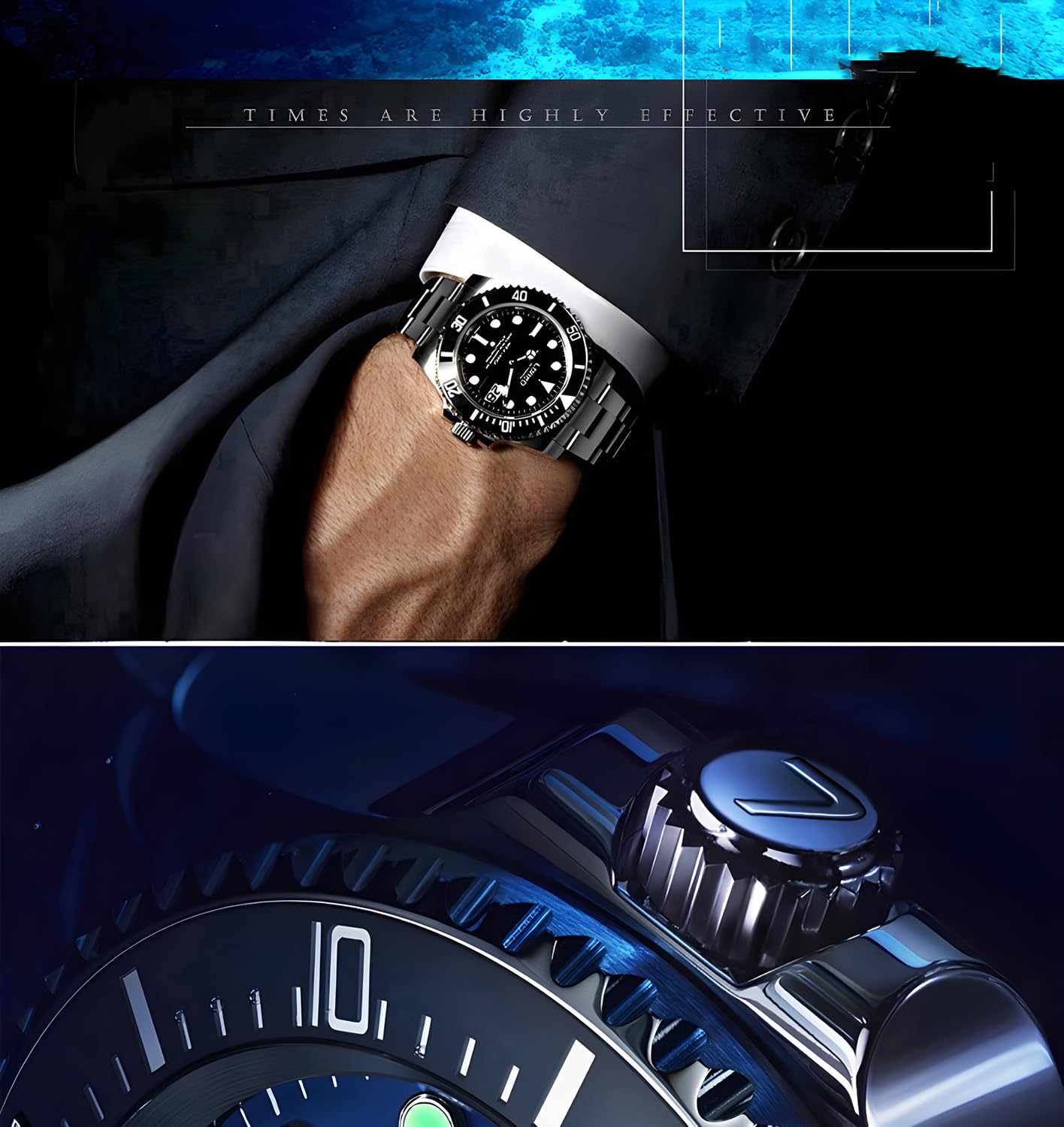 LOREO Luxury Automatic Watch for Men Sapphire Crystals Black Rotating Bezel Luminous Markers and Hands Date 316L Stainless Steel Case and Bnad Waterproof Watch