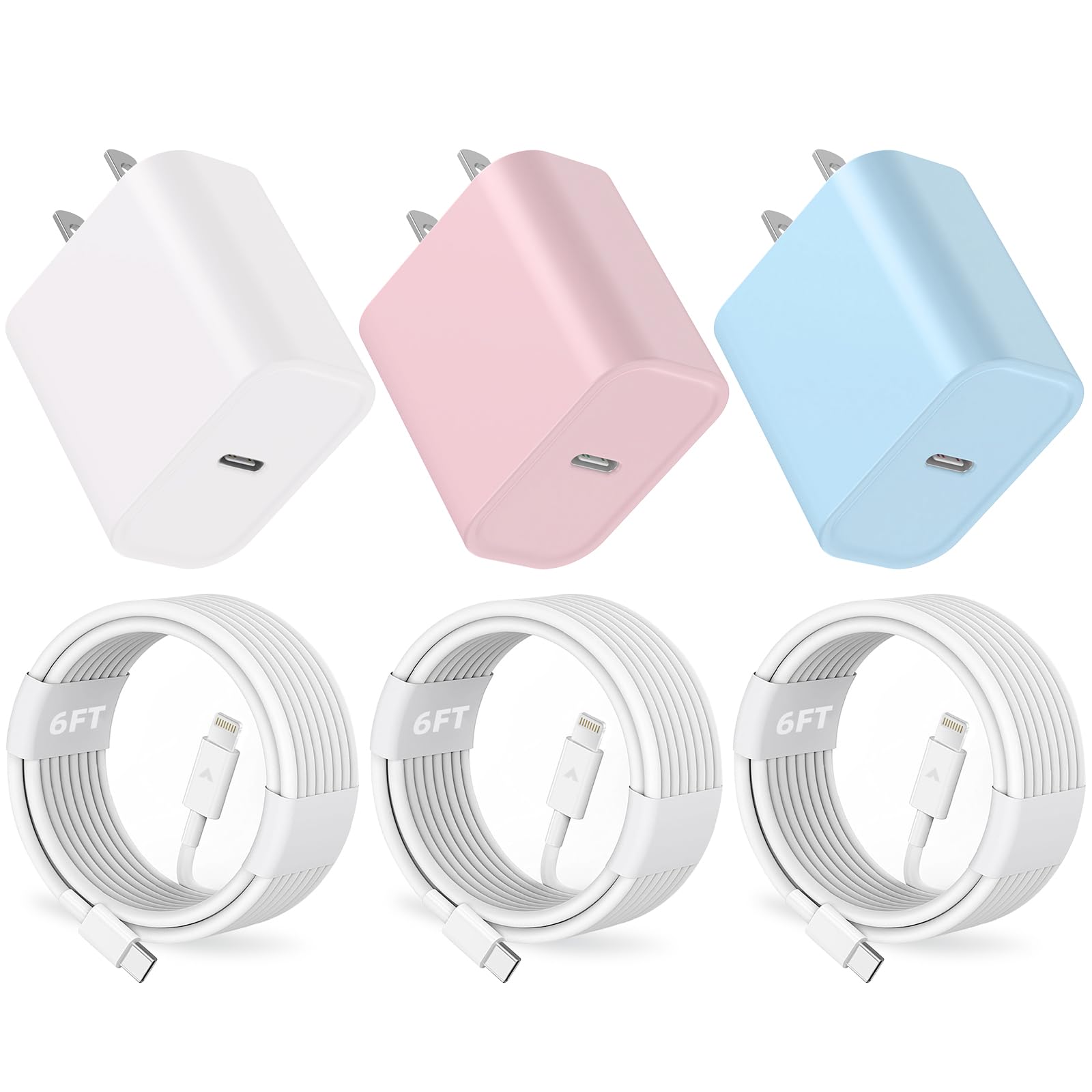 ILOUYU USB C Fast Charger, 3 Pack 20W USB-C Power Adapter with 3 Pack 6FT Type C to Lightning Cable for iPhone 14/13 Pro/13/12/12 Mini/12 Pro Max/11 Pro Max (Pink+Blue+White)