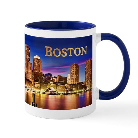CafePress Boston Harbor At Night Text BOSTON Copy Mugs Ceramic Coffee Mug, Tea Cup 11 oz