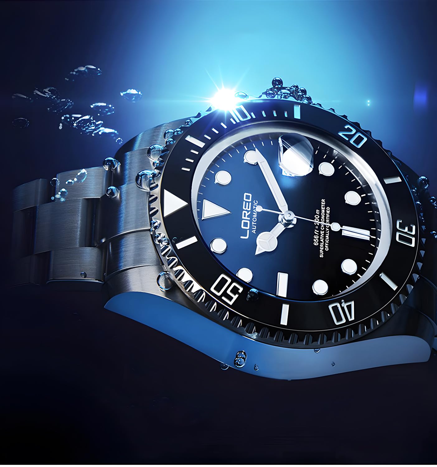 LOREO Luxury Automatic Watch for Men Sapphire Crystals Black Rotating Bezel Luminous Markers and Hands Date 316L Stainless Steel Case and Bnad Waterproof Watch