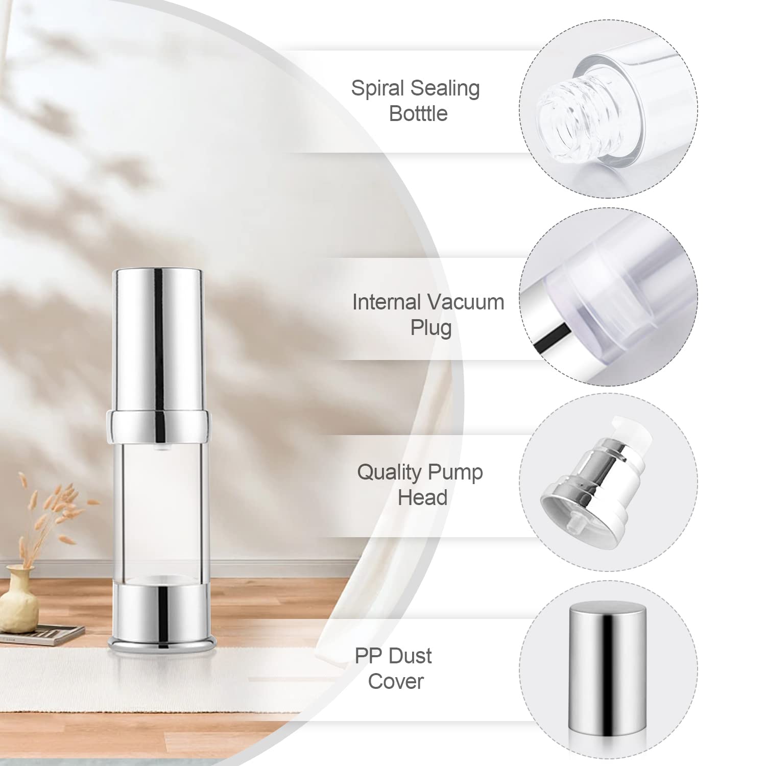 8 Pack 5ml/0.17oz Plastic Airless Pump Bottle Portable Lotion Container Refillable Cream Jar Vacuum Pump Press Dispenser for Travel Cosmetic Emulsion Liquid Foundation Shampoo Toiletries Sample