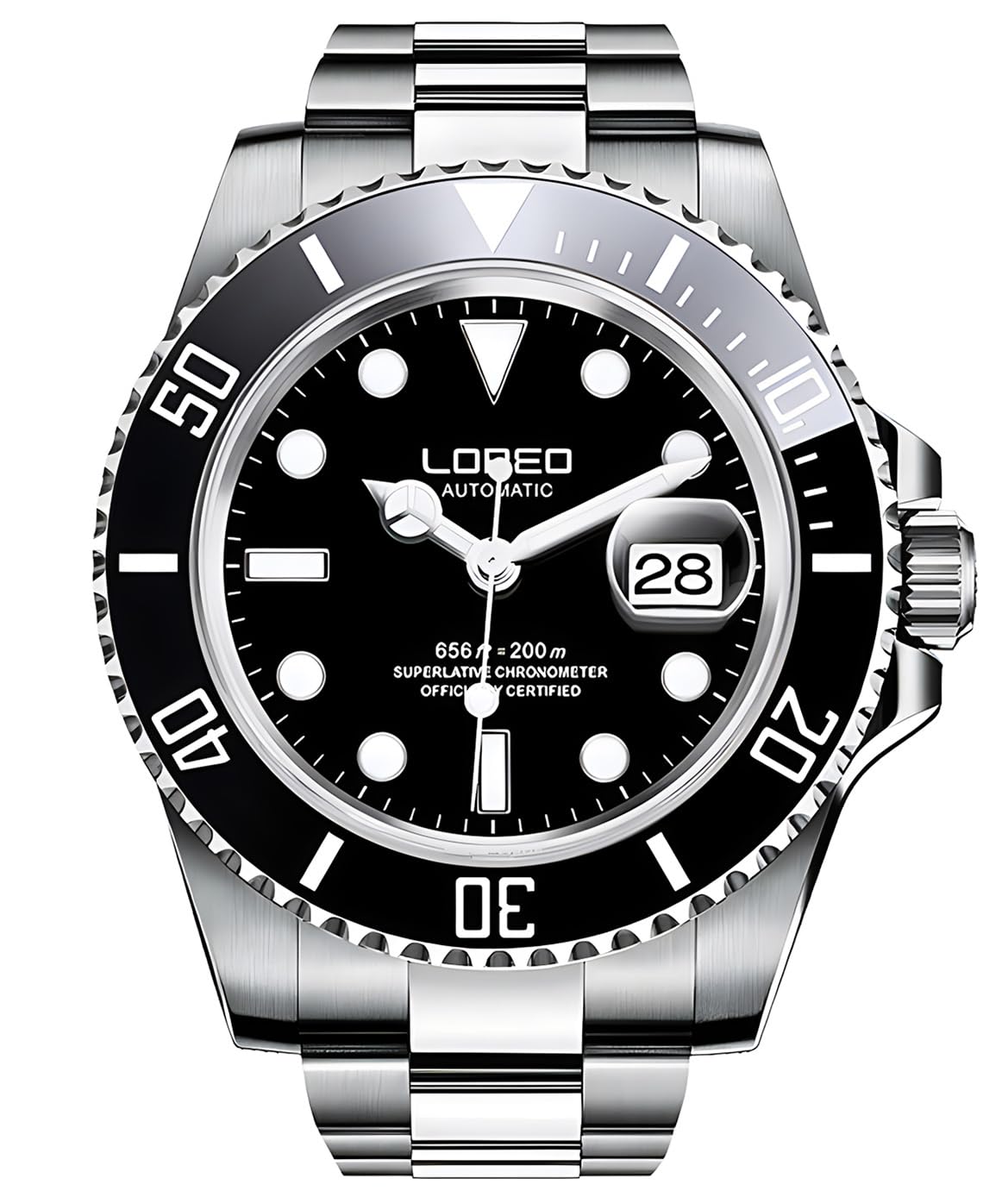 LOREO Luxury Automatic Watch for Men Sapphire Crystals Black Rotating Bezel Luminous Markers and Hands Date 316L Stainless Steel Case and Bnad Waterproof Watch