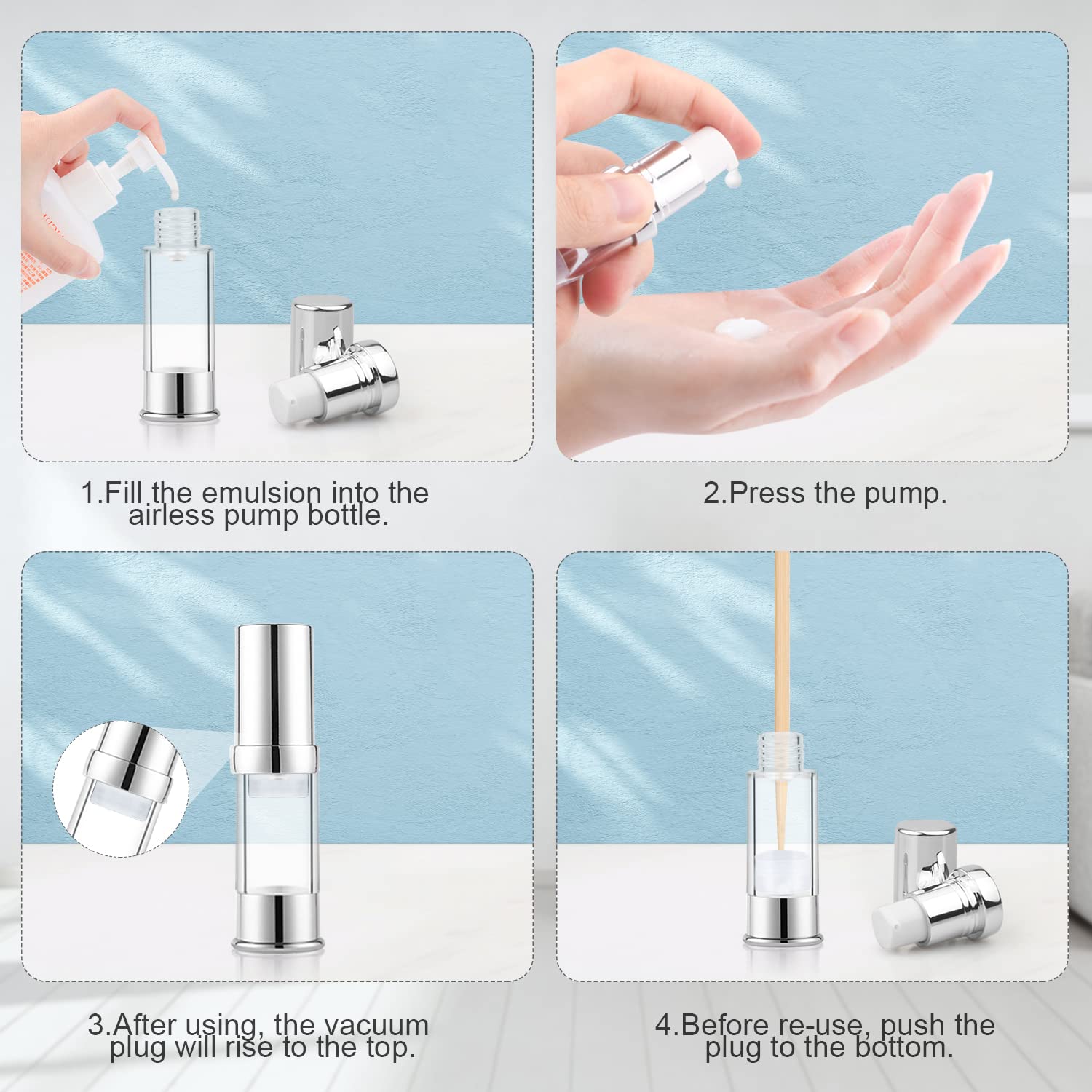 8 Pack 5ml/0.17oz Plastic Airless Pump Bottle Portable Lotion Container Refillable Cream Jar Vacuum Pump Press Dispenser for Travel Cosmetic Emulsion Liquid Foundation Shampoo Toiletries Sample