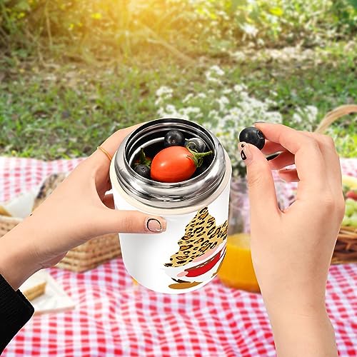 CUPADA Casual Leopard Gnomes Food Jar for Hot and Cold, Holiday Nordic Dwarfs Insulated Food Jars Vacuum 17OZ with Folding Spoon for Work Trip Picnic Camping