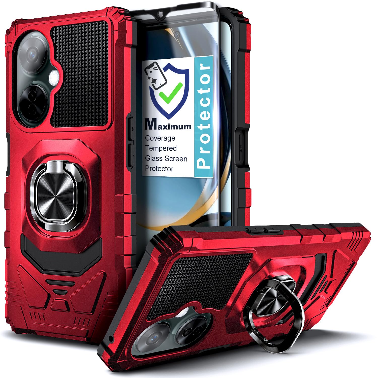 NZND Case for OnePlus Nord N30 5G / CE 3 Lite with Tempered Glass Screen Protector (Maximum Coverage), Full-Body Protective [Military-Grade], Magnetic Car Ring Holder Cover (Red), NZNDN305GLM