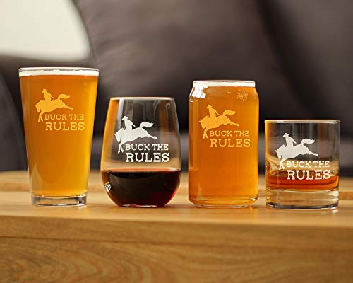Buck the Rules - Funny Horse Beer Can Pint Glass Gifts for Men & Women - Fun Unique Equestrian Decor