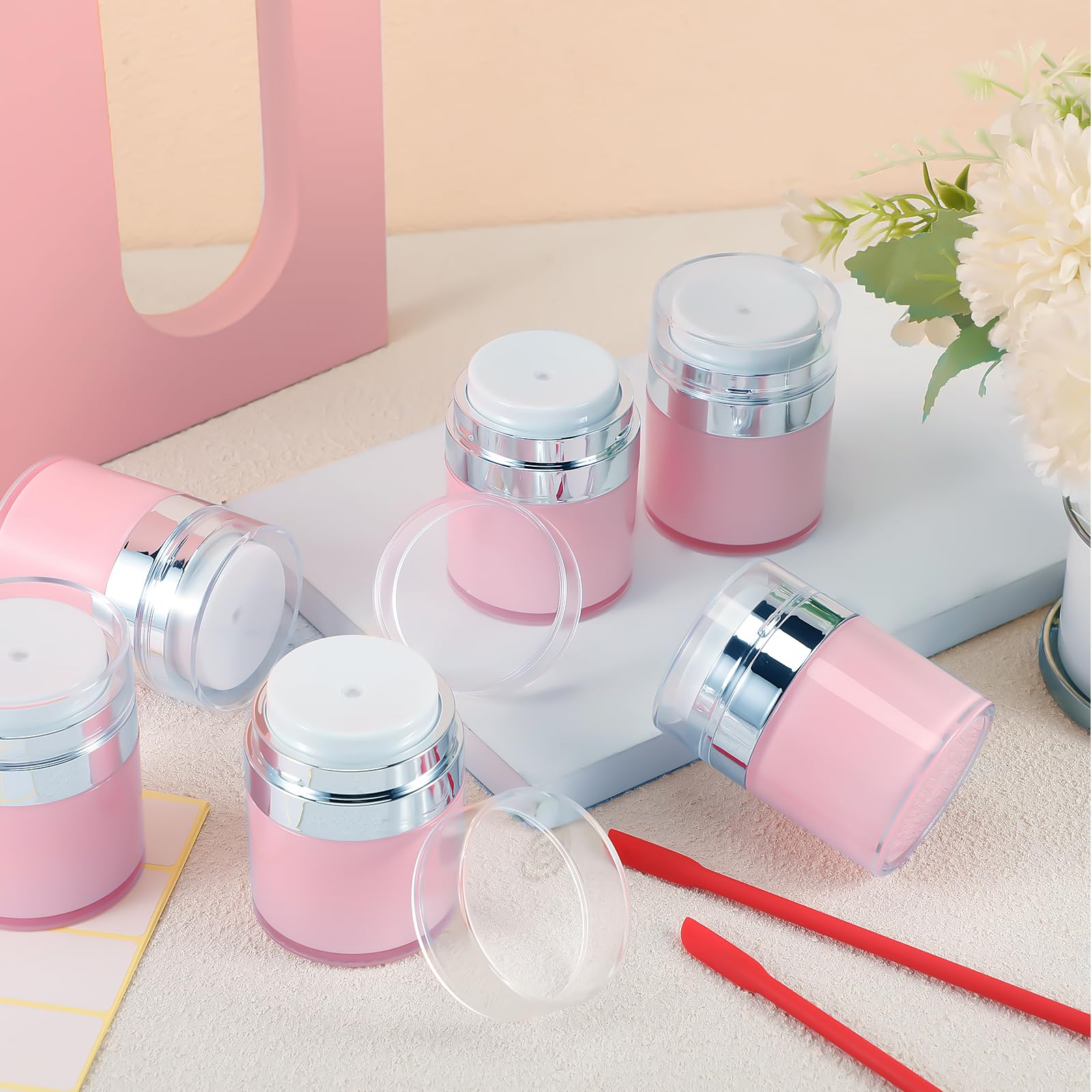 Zhehao 12 Pcs 1 Oz/ 30 ml Airless Pump Jar with Stickers Silicone Spatula Set Refillable Cream Jar Vacuum Bottle Dispenser Portable Empty Cosmetic Container Travel Size Lotion Sample Pot, Pink