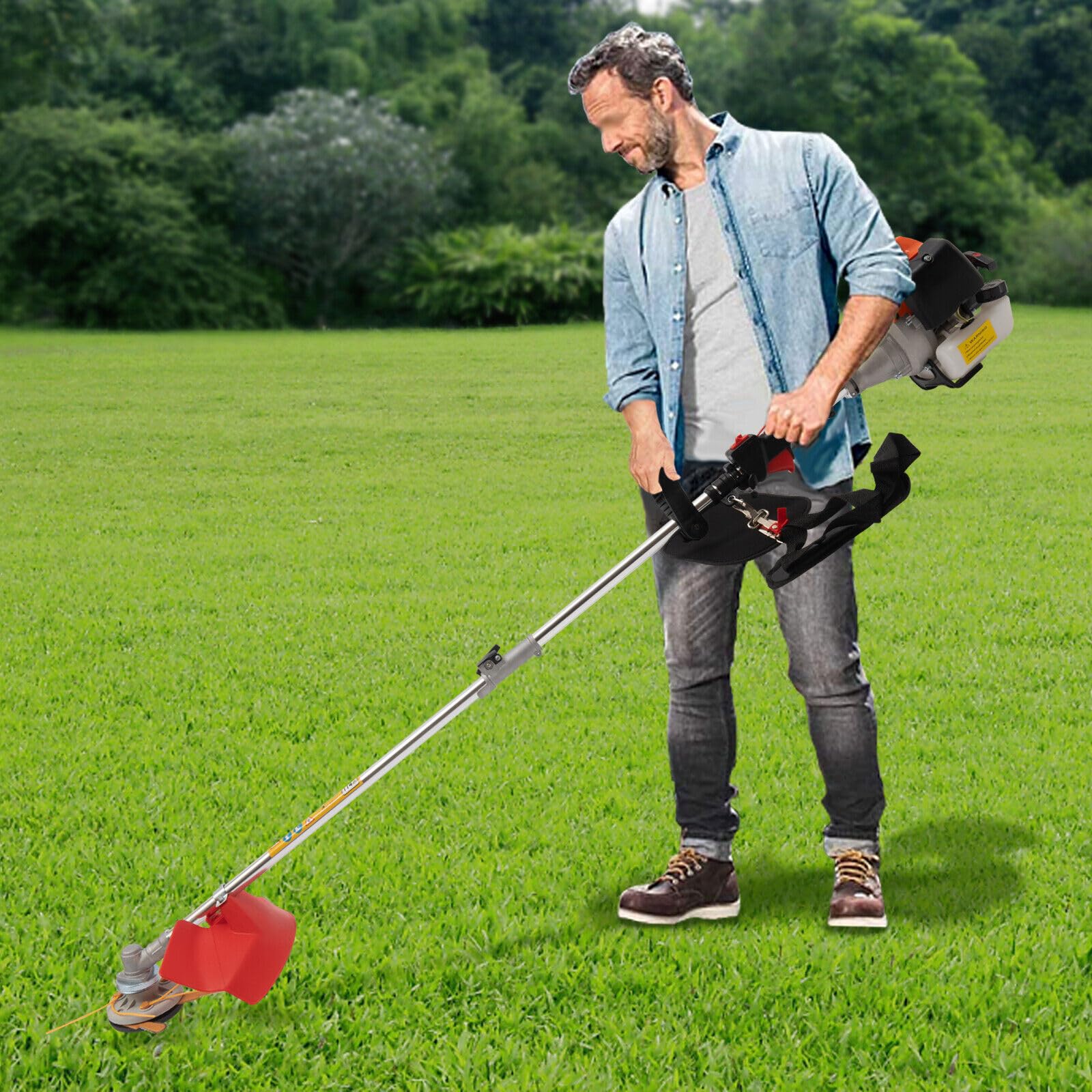 TQSHOoP Weed Wacker Gas Powered 2 Stroke 26CC Gas String Trimmer Edger Gasoline Grass Trimmer Cordless Portable Brush Cutter with 2 Blade Heads for Yard Garden