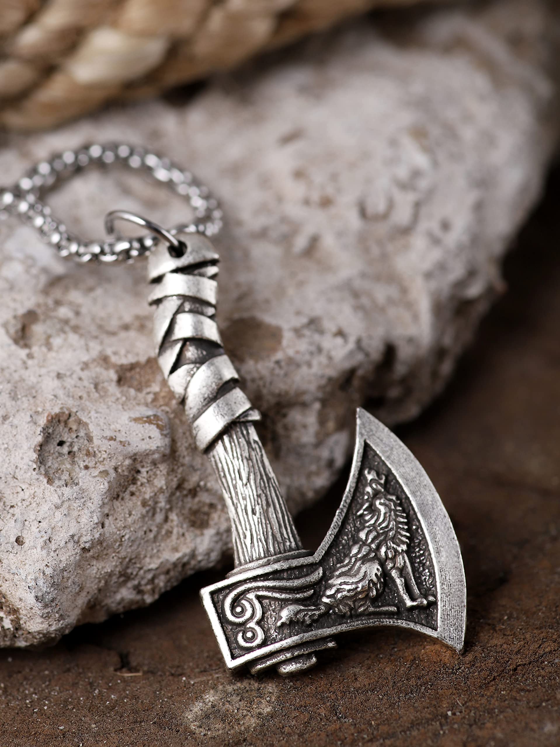 HAQUIL Viking Battle Axe Necklace, Wolf Raven Axe Amulet Pendant, Stainless Steel Box Chain, Authentic Viking Jewelry Men (AD)
