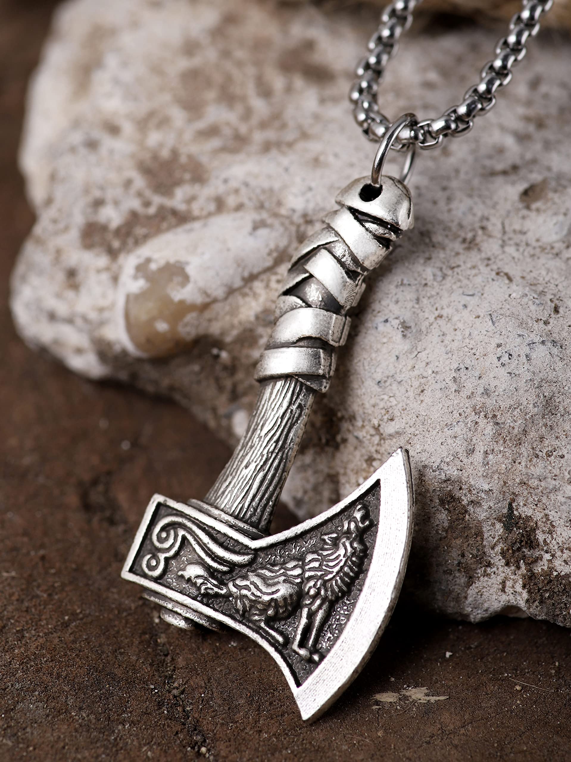 HAQUIL Viking Battle Axe Necklace, Wolf Raven Axe Amulet Pendant, Stainless Steel Box Chain, Authentic Viking Jewelry Men (AD)