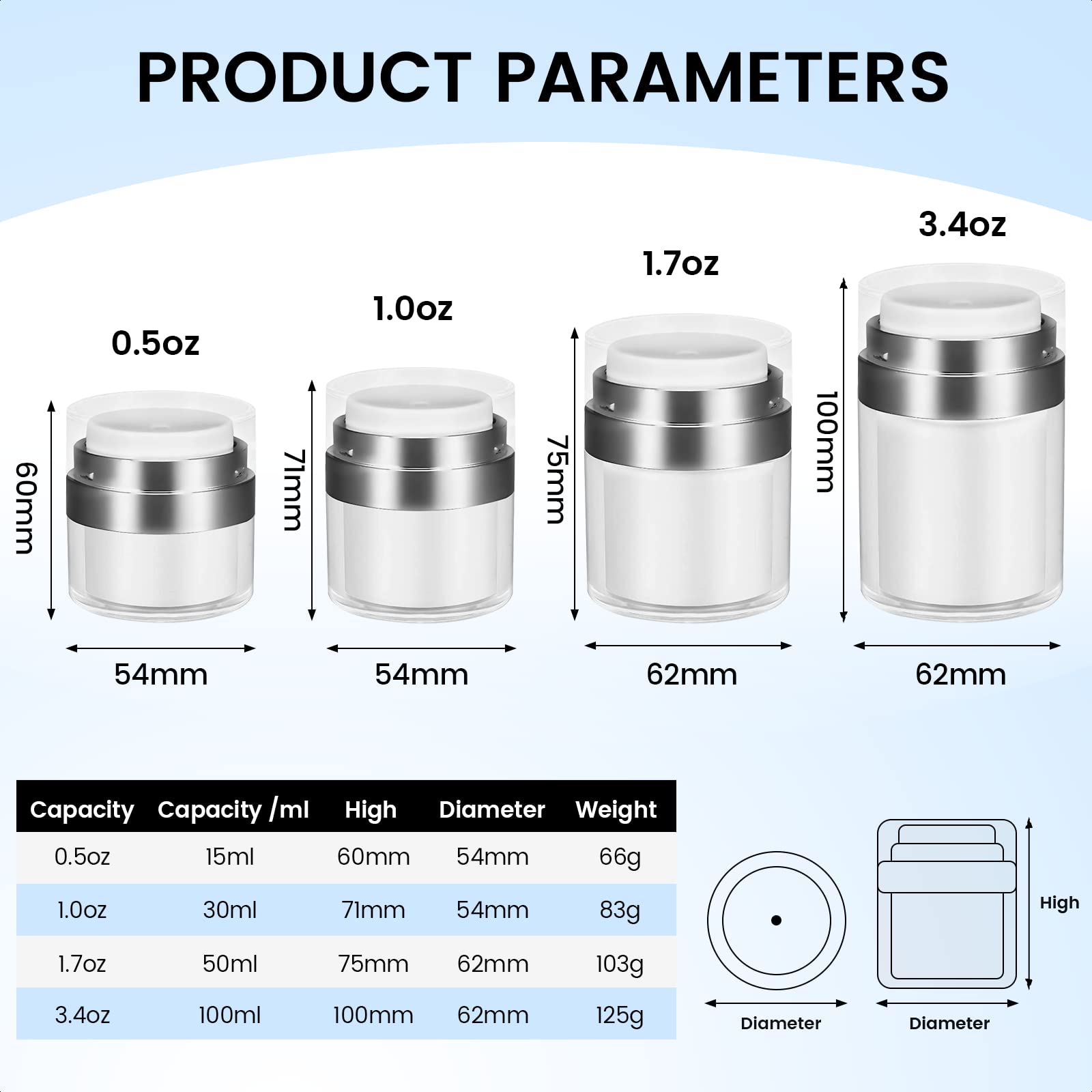 BOZILY Airless Pump Jar, Pump Jars for Lotions and Creams Refillable Cream Jar Vacuum Bottle Airless Cosmetic Pump Container (15+30+50+100ml)