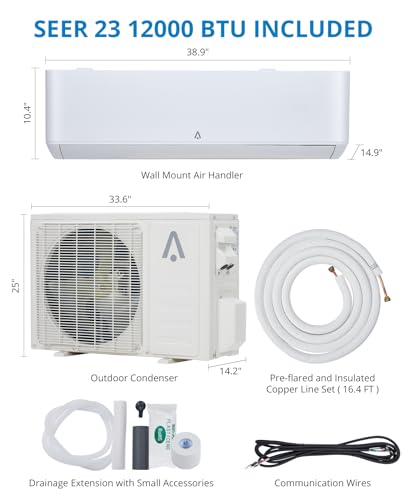 SXYCMY 12,000 BTU Split-System Air Conditioner Inverter, Split AC/Heating System 23 SEER, Cools Rooms Up to 750 Sq. Ft, Wall Mount Ductless Mini Split A/C Heat Pump Full Set with 16ft Installation Kit