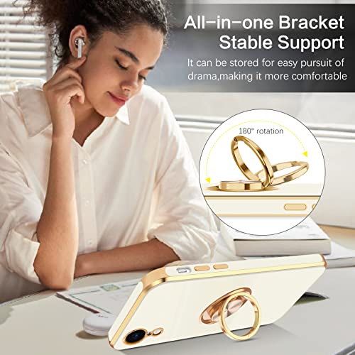BENTOBEN for iPhone XR Case, Phone Case iPhone XR, Slim Fit Kickstand Ring Holder Design Shockproof Protection Soft TPU Bumper Drop Protective Girls Women Boys iPhone XR 6.1" Cover, White/Gold