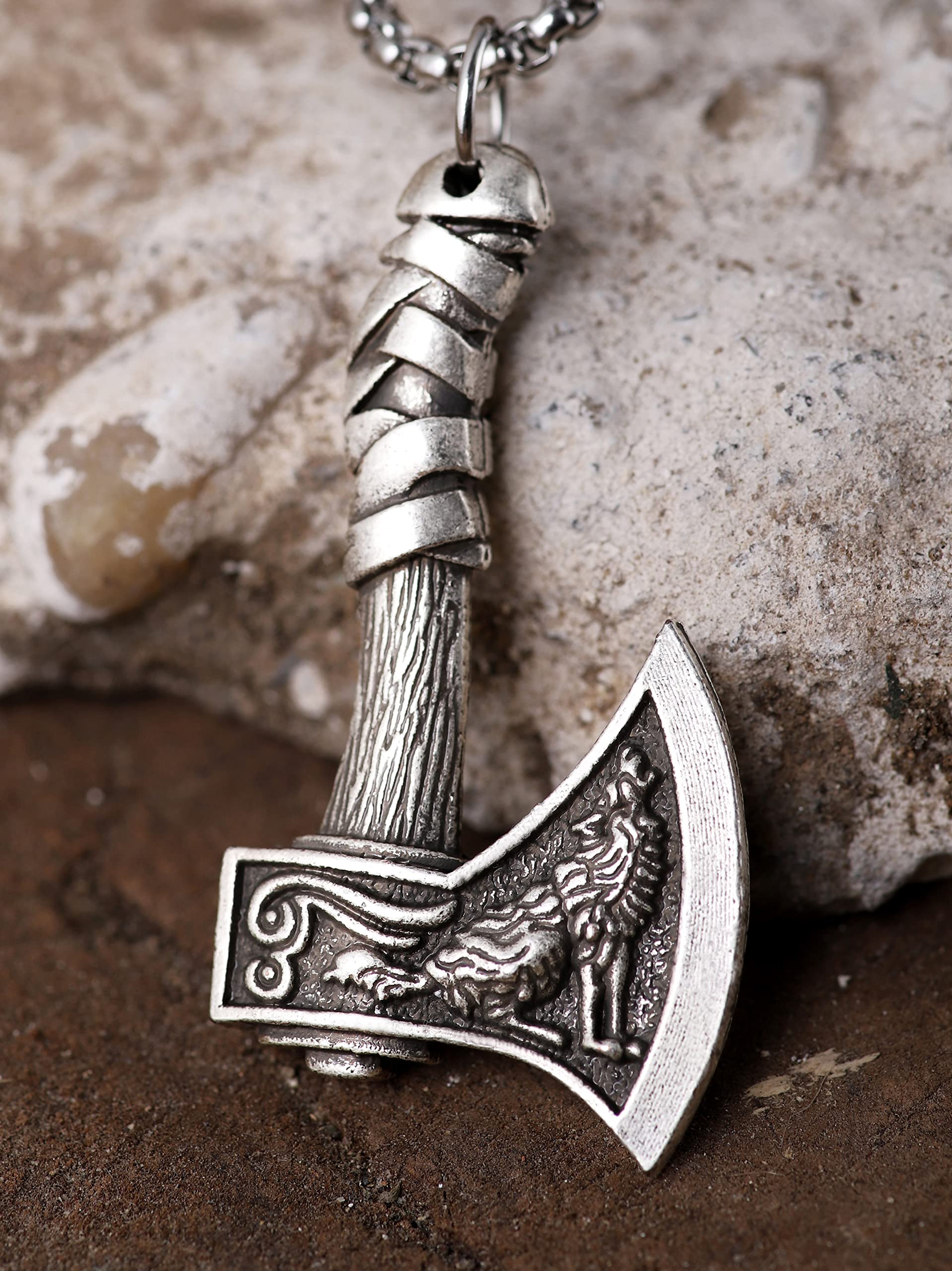 HAQUIL Viking Battle Axe Necklace, Wolf Raven Axe Amulet Pendant, Stainless Steel Box Chain, Authentic Viking Jewelry Men (AD)