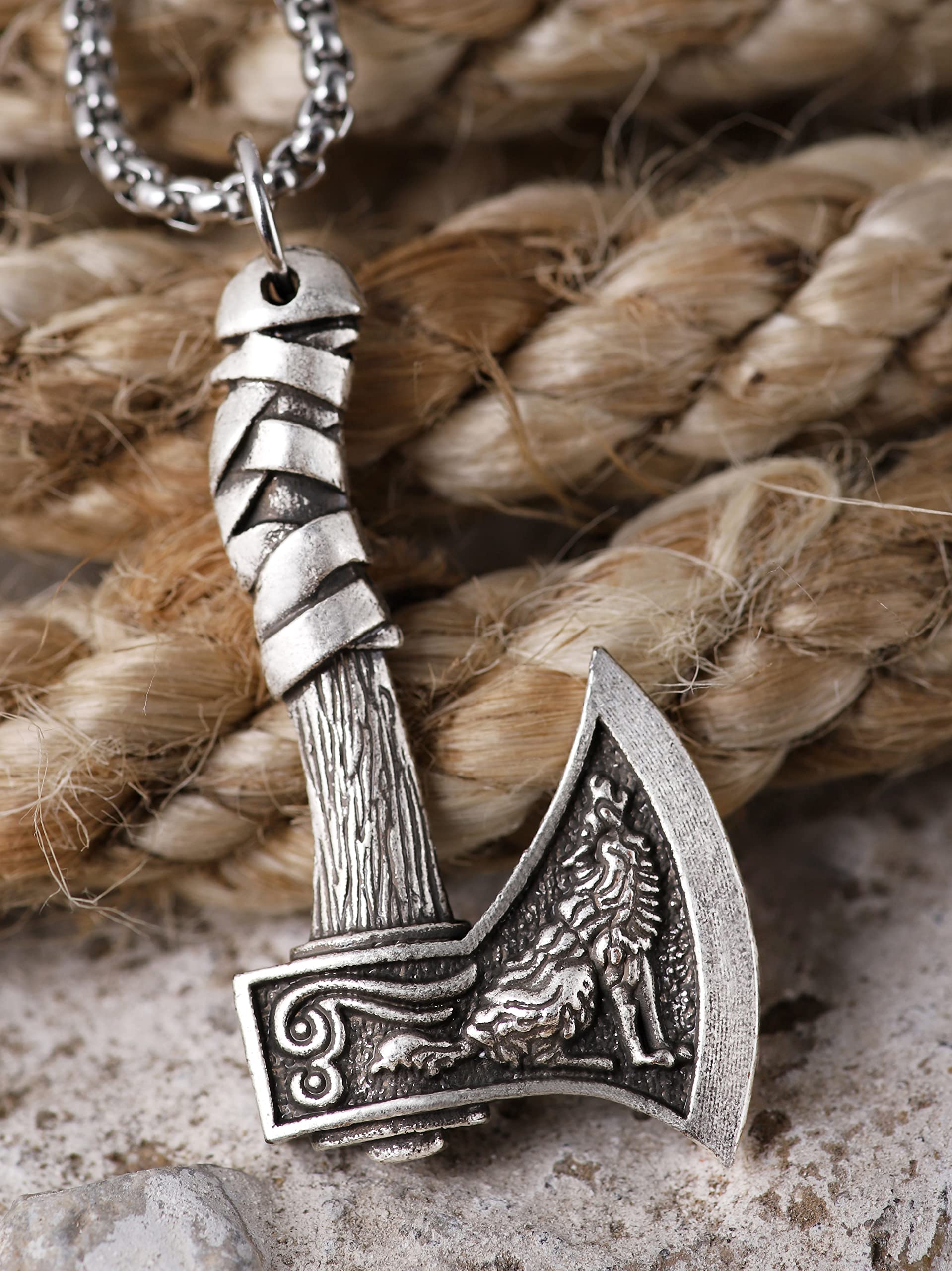 HAQUIL Viking Battle Axe Necklace, Wolf Raven Axe Amulet Pendant, Stainless Steel Box Chain, Authentic Viking Jewelry Men (AD)