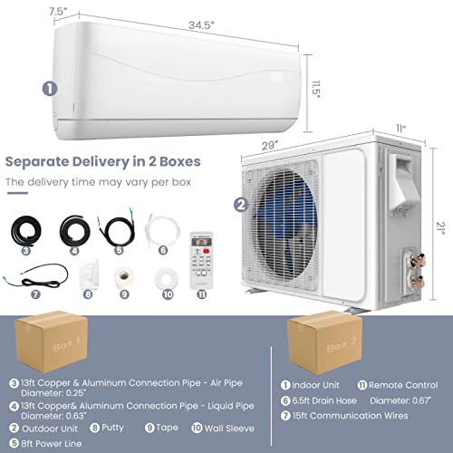 Mini Split ac/Heating System, 9000/12000/18000/24000 BTU MINI Split Air Conditioner; Heater, Saving Energy Wall-Mounted Ductless AC Unit with 1.5 Ton Heat Pump, Kit Rooms up to 1250 Sq. Ft, 208-230V