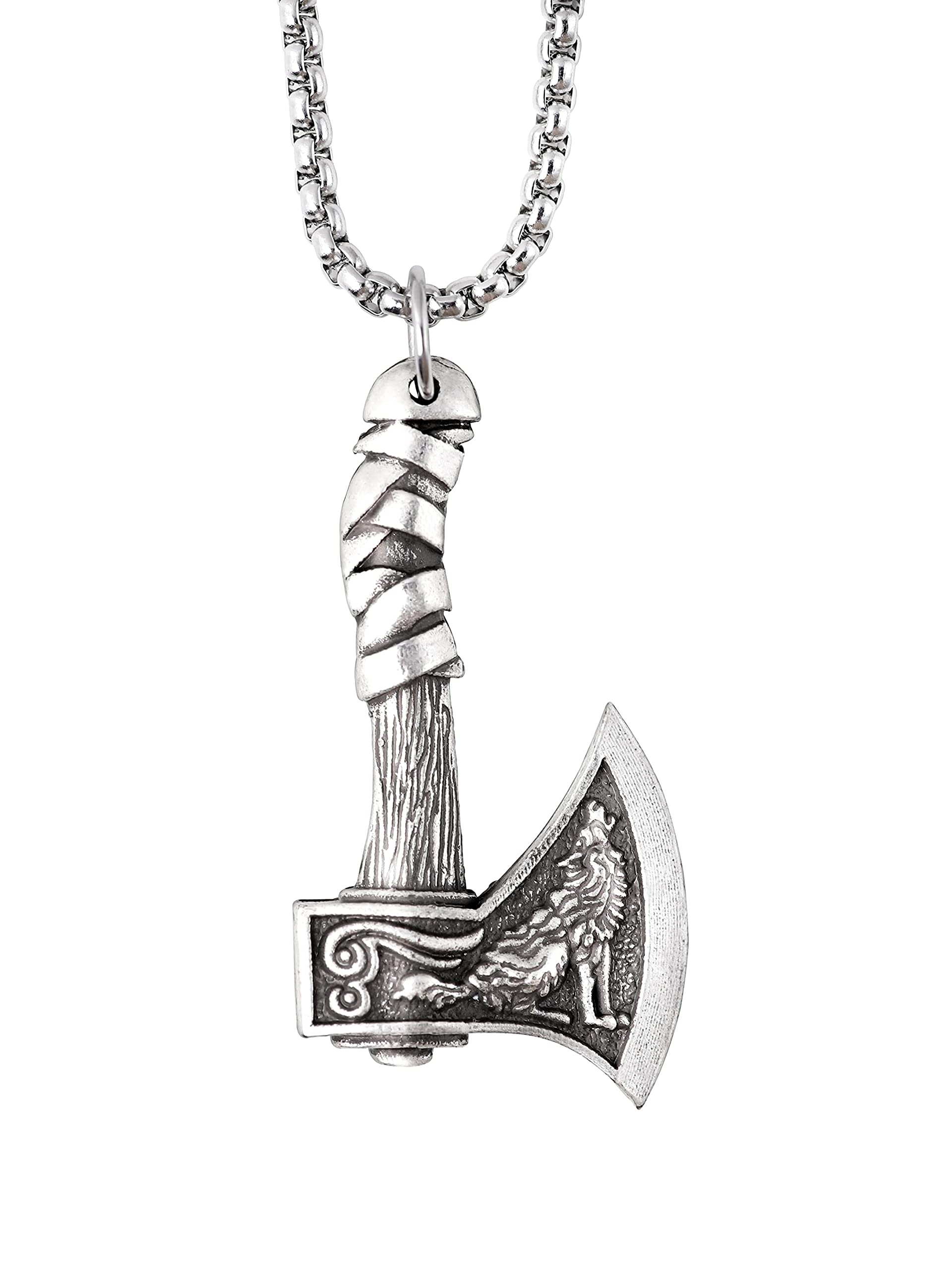 HAQUIL Viking Battle Axe Necklace, Wolf Raven Axe Amulet Pendant, Stainless Steel Box Chain, Authentic Viking Jewelry Men (AD)