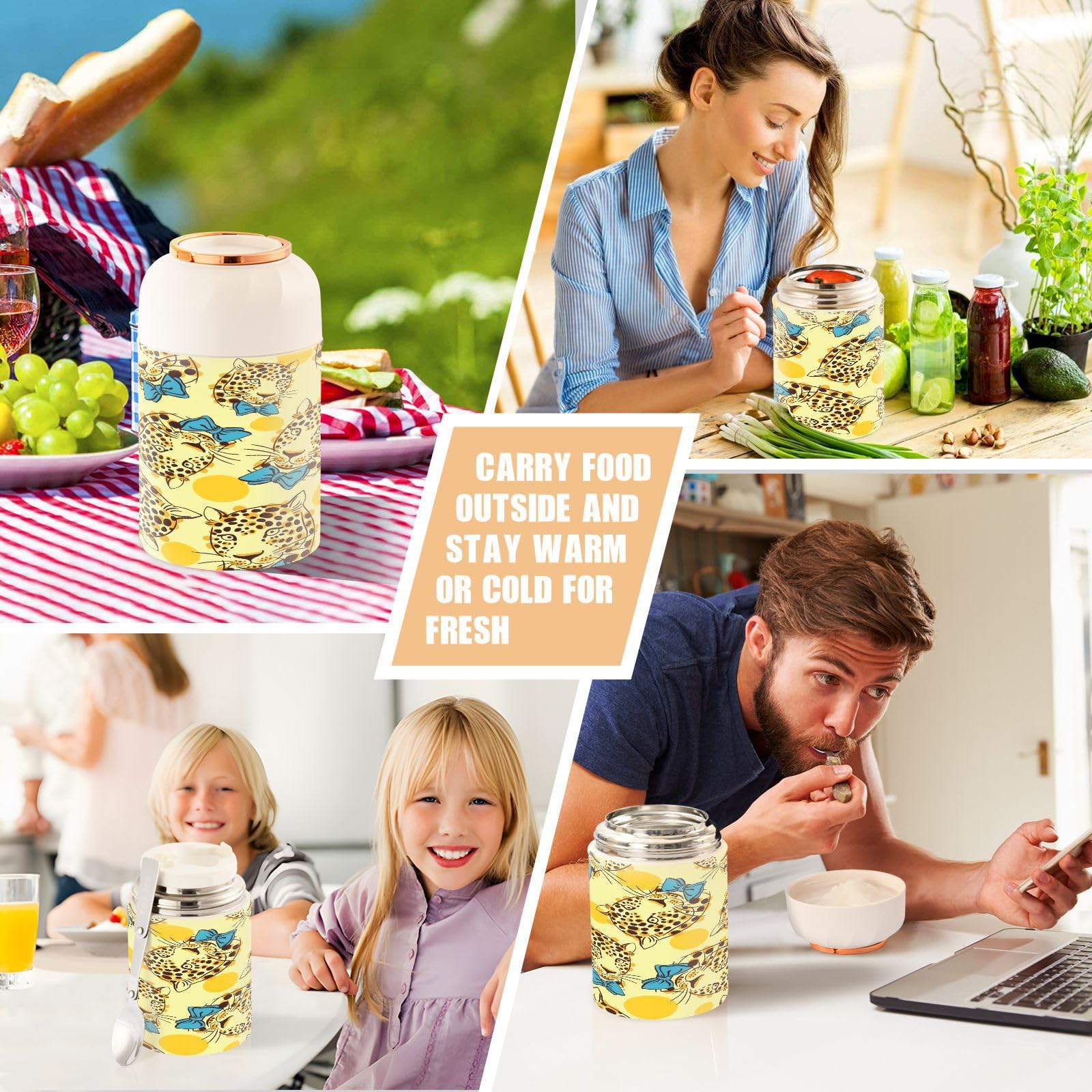 CUPADA Trendy Leopard Bow Tie Food Jar for Hot and Cold, Funny Animals Head Insulated Food Jars Vacuum 17OZ with Folding Spoon for Work Trip Picnic Camping
