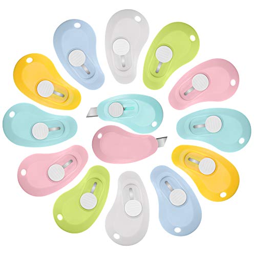 12 Pieces Mini Retractable Utility Knife Box Cutter Letter Opener Pocket Knives Colorful Mini Slides Open for Letter Small Box Opening Paper Cutting DIY Crafts