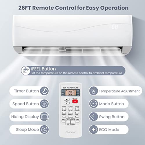 Mini Split ac/Heating System, 9000/12000/18000/24000 BTU MINI Split Air Conditioner; Heater, Saving Energy Wall-Mounted Ductless AC Unit with 1.5 Ton Heat Pump, Kit Rooms up to 1250 Sq. Ft, 208-230V