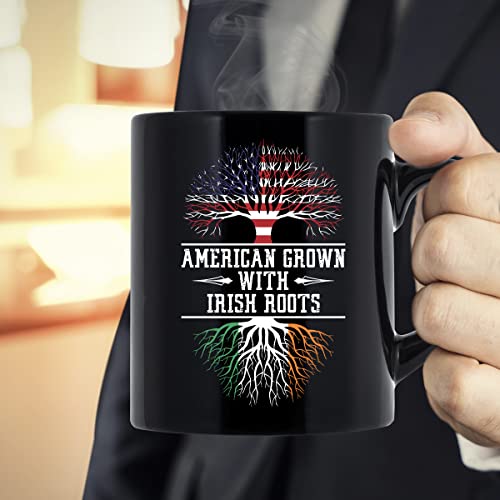 American Grown With Irish Roots Mug, Retro Irish Flag, St Patricks Day Mug Gifts, Irishman, Christmas, Birthday Gifts Black Coffee Mug