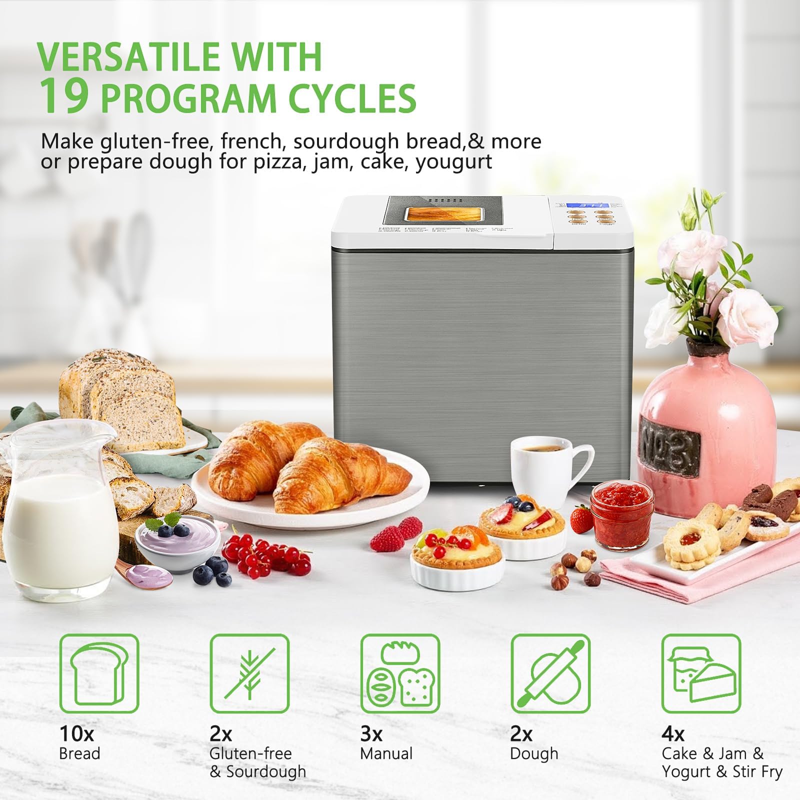 KEEPEEZ Bread Machine Dual-Heaters, 19-in-1 Horizontal Bread Maker, Gluten Free, Sourdough, Pizza Dough, Jam, Stir-Fry Setting, Stainless Steel, 2LB Loaf, 3 Crust Colors, Nonstick Pan, Auto Keep Warm…