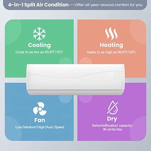 Mini Split ac/Heating System, 9000/12000/18000/24000 BTU MINI Split Air Conditioner; Heater, Saving Energy Wall-Mounted Ductless AC Unit with 1.5 Ton Heat Pump, Kit Rooms up to 1250 Sq. Ft, 208-230V