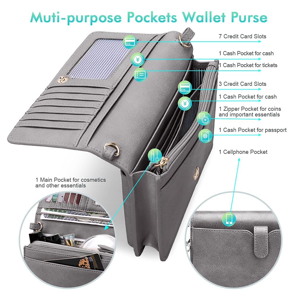 nuoku Women Small Crossbody Bag Cellphone Purse Wallet with RFID Card Slots 2 Straps Wristlet, M Size Gray