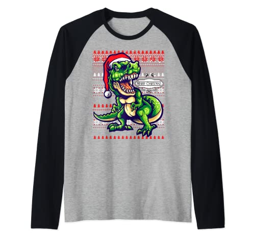 Ugly Christmas Santa Costume Christmas Dinosaur Dino Lovers Raglan Baseball Tee