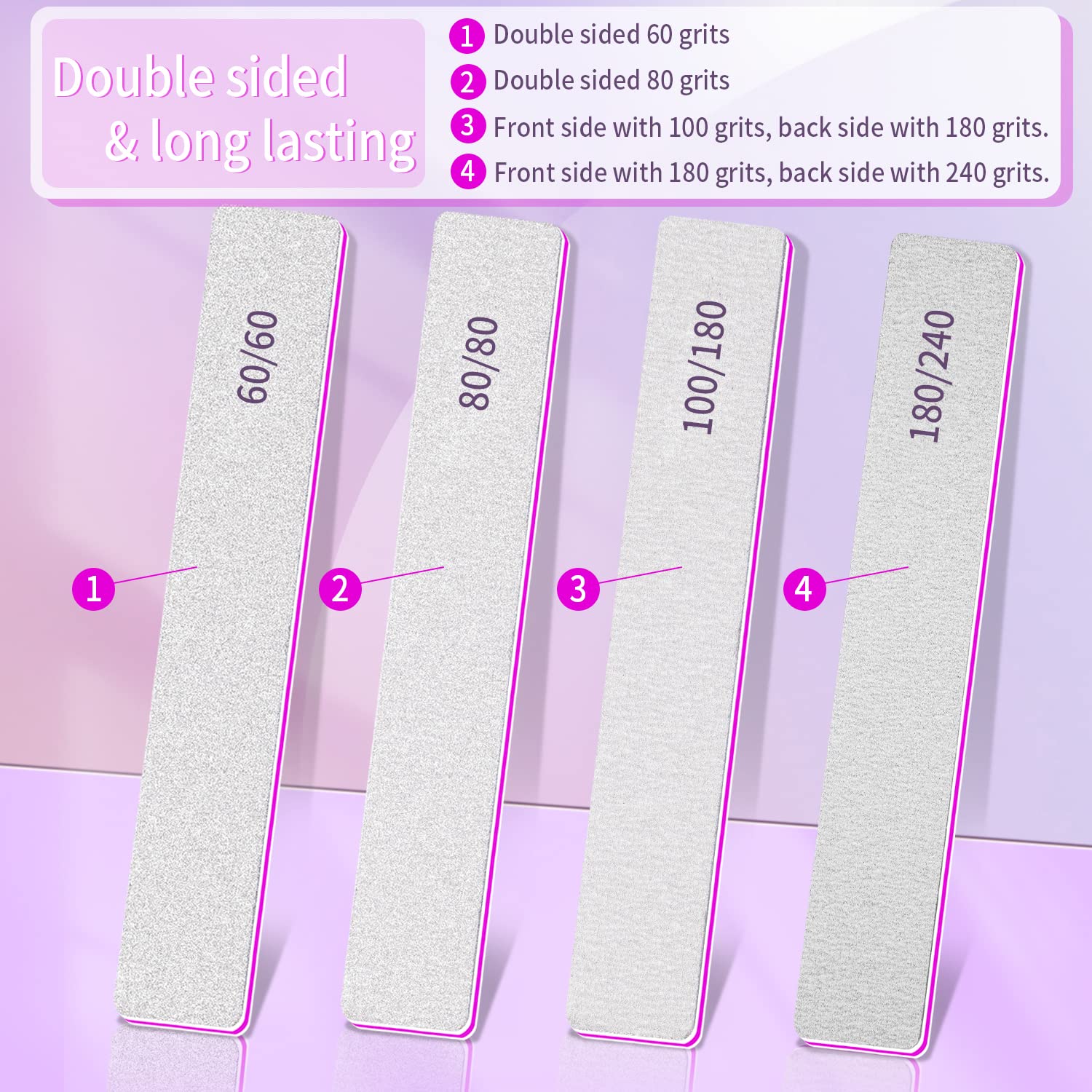 Nail File 100/180 Grit Professional Reusable 12 PCS Double Sides Washable Nail Files for Acrylic and Natural Nails Manicure Tools Suit for Home Salon
