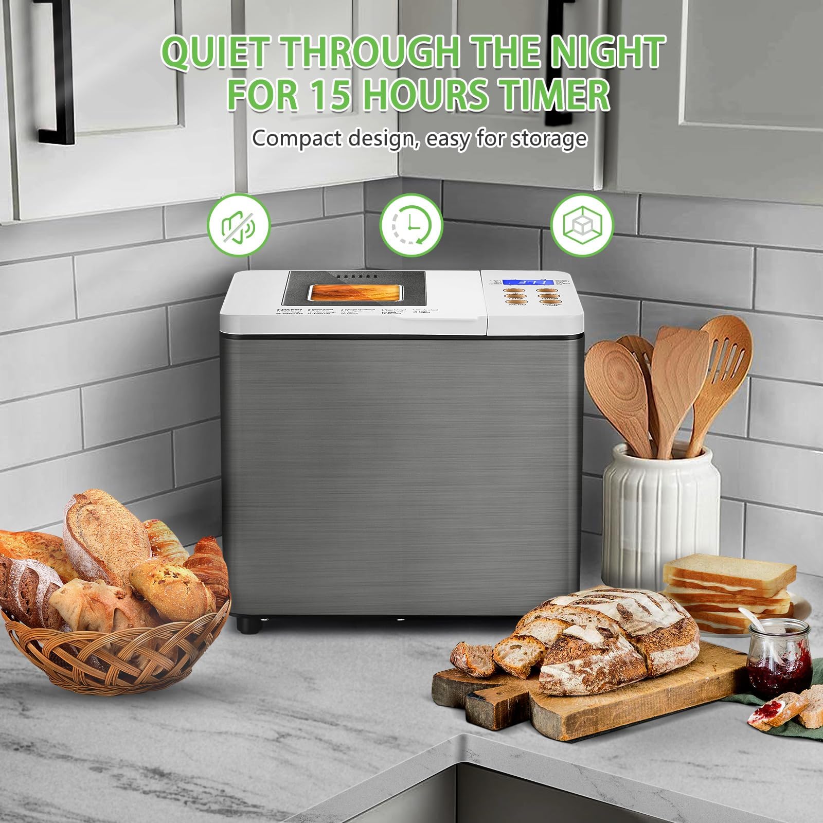 KEEPEEZ Bread Machine Dual-Heaters, 19-in-1 Horizontal Bread Maker, Gluten Free, Sourdough, Pizza Dough, Jam, Stir-Fry Setting, Stainless Steel, 2LB Loaf, 3 Crust Colors, Nonstick Pan, Auto Keep Warm…