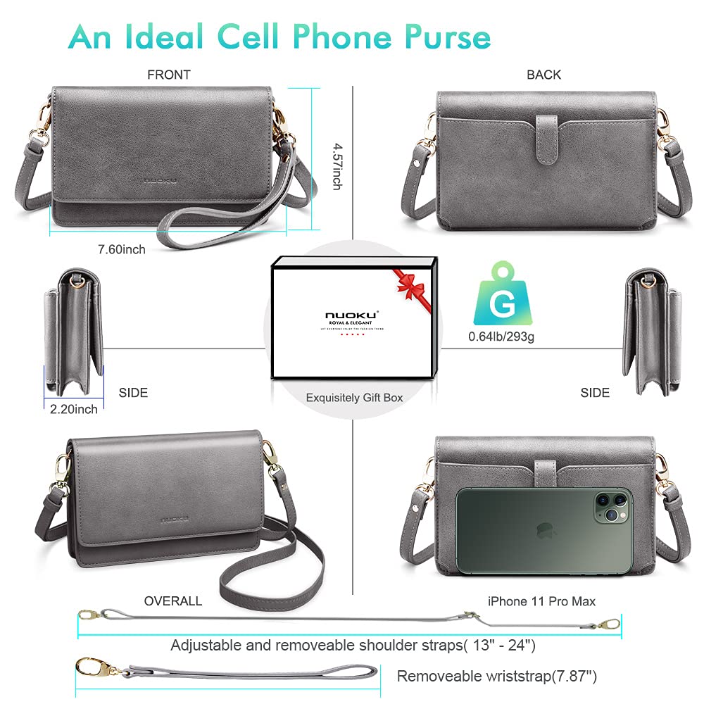 nuoku Women Small Crossbody Bag Cellphone Purse Wallet with RFID Card Slots 2 Straps Wristlet, M Size Gray