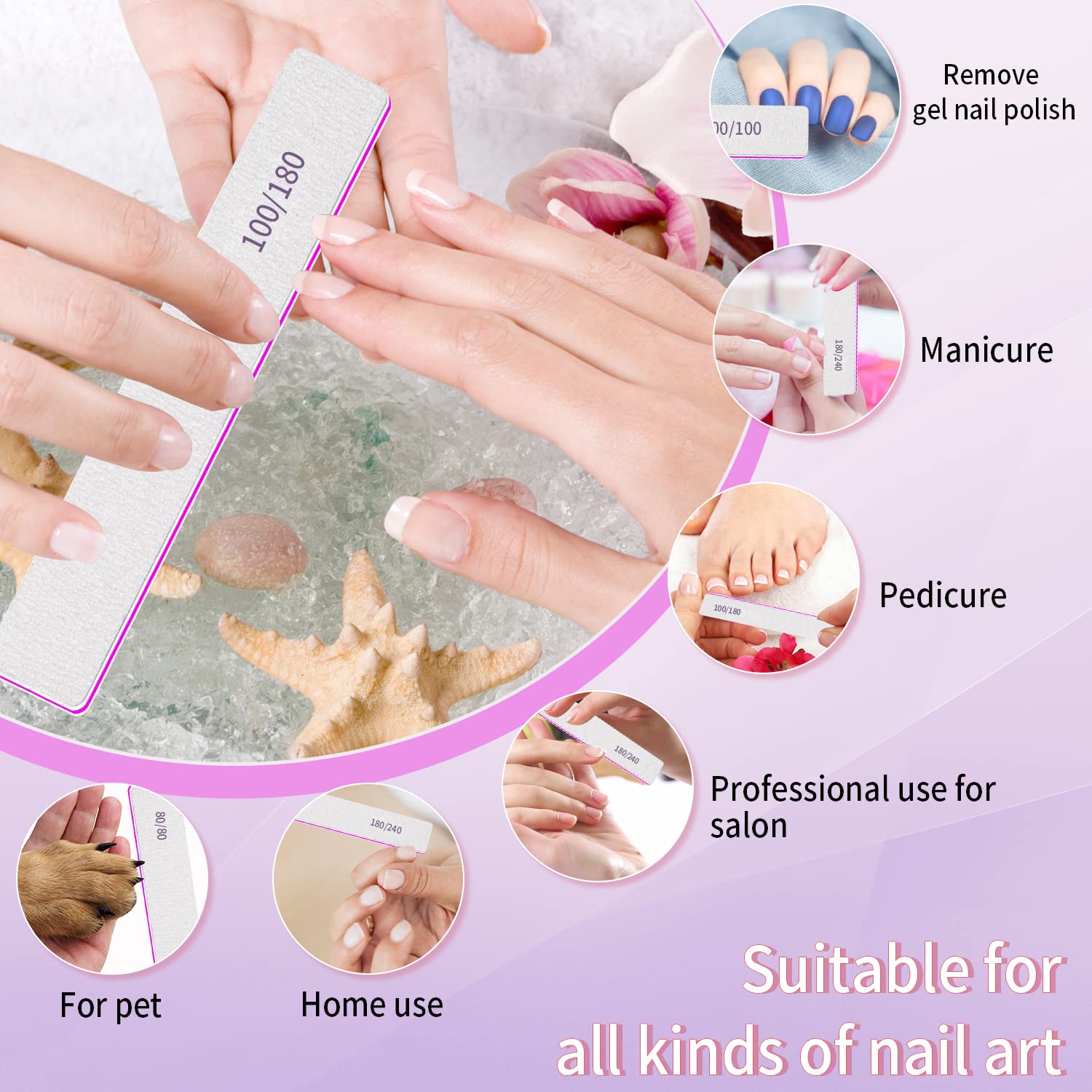 Nail File 100/180 Grit Professional Reusable 12 PCS Double Sides Washable Nail Files for Acrylic and Natural Nails Manicure Tools Suit for Home Salon
