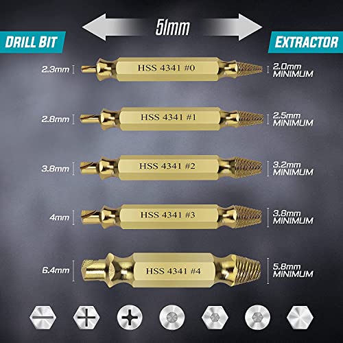 Damaged Screw Extractor - Remover for Stripped Head Screws Nuts & Bolts | ‎6 Piece Titanium Drill Bit Tools for Easy Removal of Rusty & Broken Hardware | High Speed Steel | Superb Gift for Men
