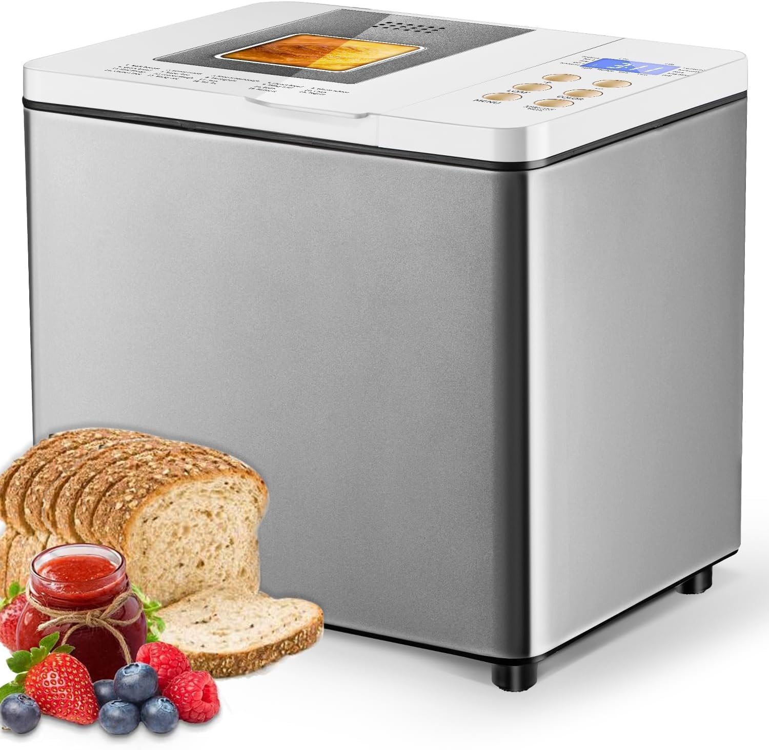 KEEPEEZ Bread Machine Dual-Heaters, 19-in-1 Horizontal Bread Maker, Gluten Free, Sourdough, Pizza Dough, Jam, Stir-Fry Setting, Stainless Steel, 2LB Loaf, 3 Crust Colors, Nonstick Pan, Auto Keep Warm…