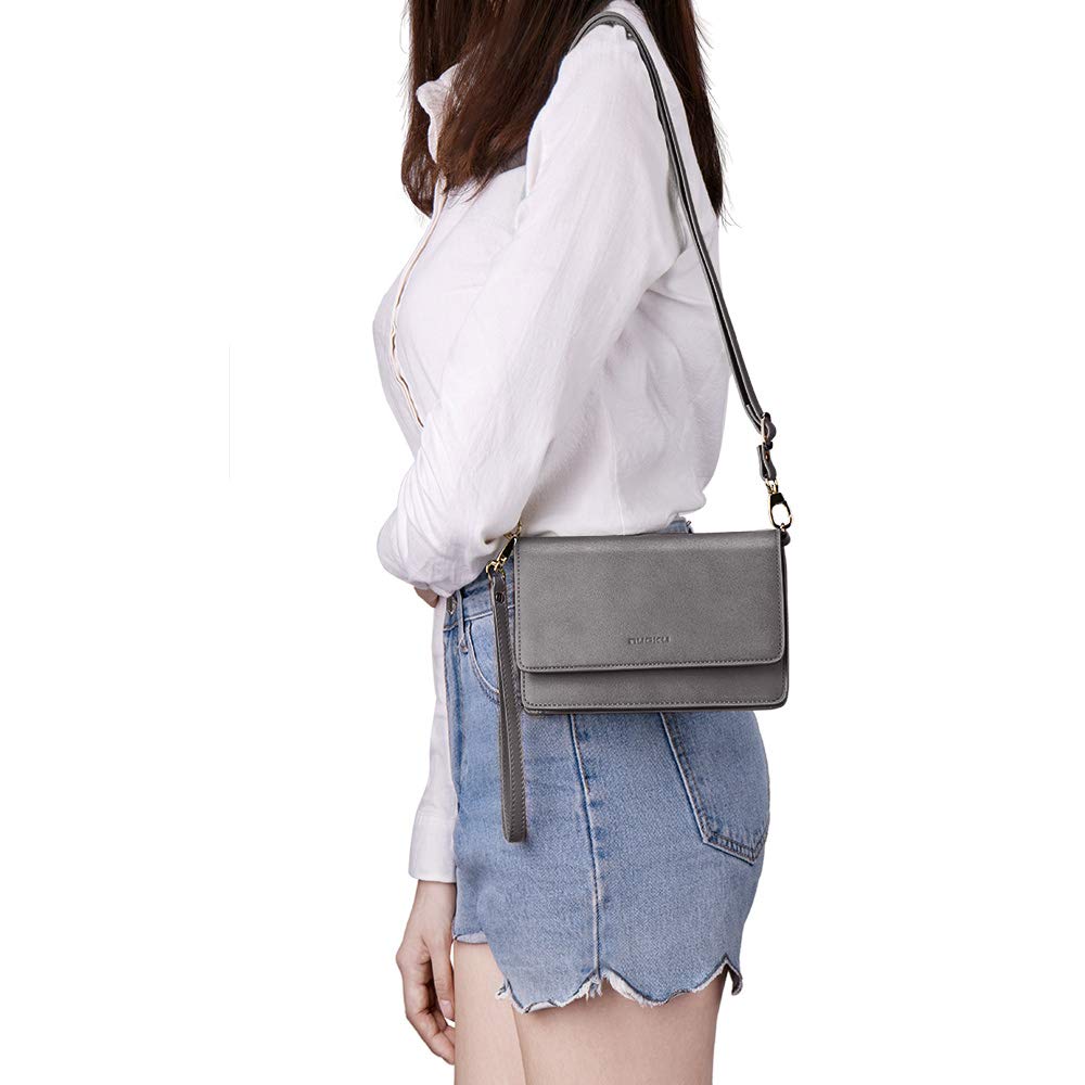 nuoku Women Small Crossbody Bag Cellphone Purse Wallet with RFID Card Slots 2 Straps Wristlet, M Size Gray