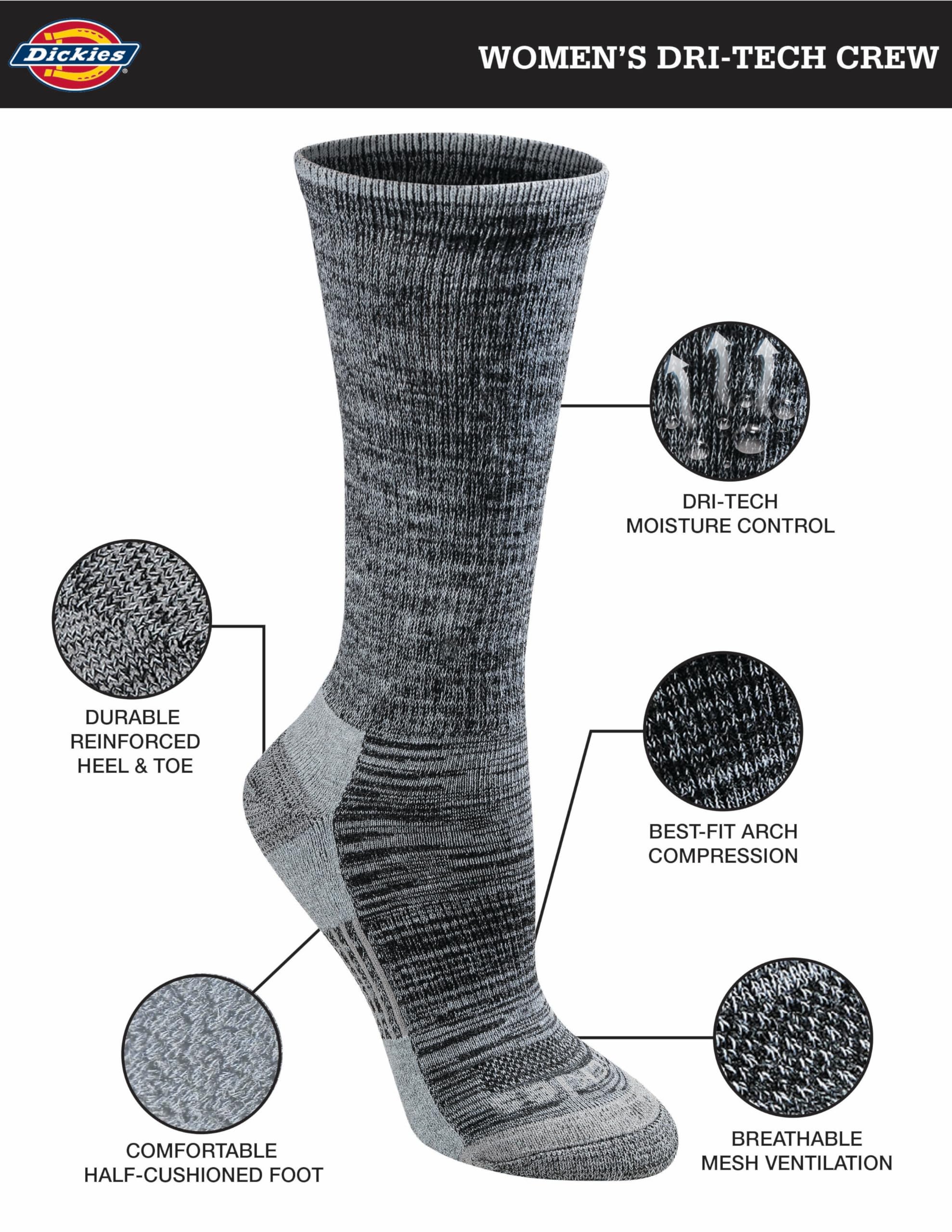 Dickies Women's Dri-Tech Fashion Moisture Control Crew Socks (5/6/12 Pairs) (S-XL), Black Heathered (6 Pairs), Large