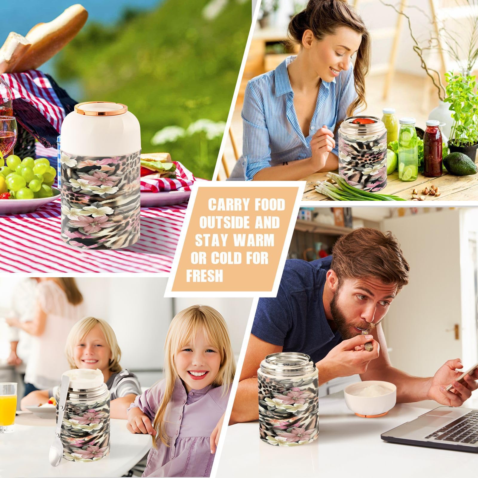 CUPADA Animal Print Flower Food Jar for Hot and Cold, Leopard Texture Floral Insulated Food Jars Vacuum 17OZ with Folding Spoon for Work Trip Picnic Camping