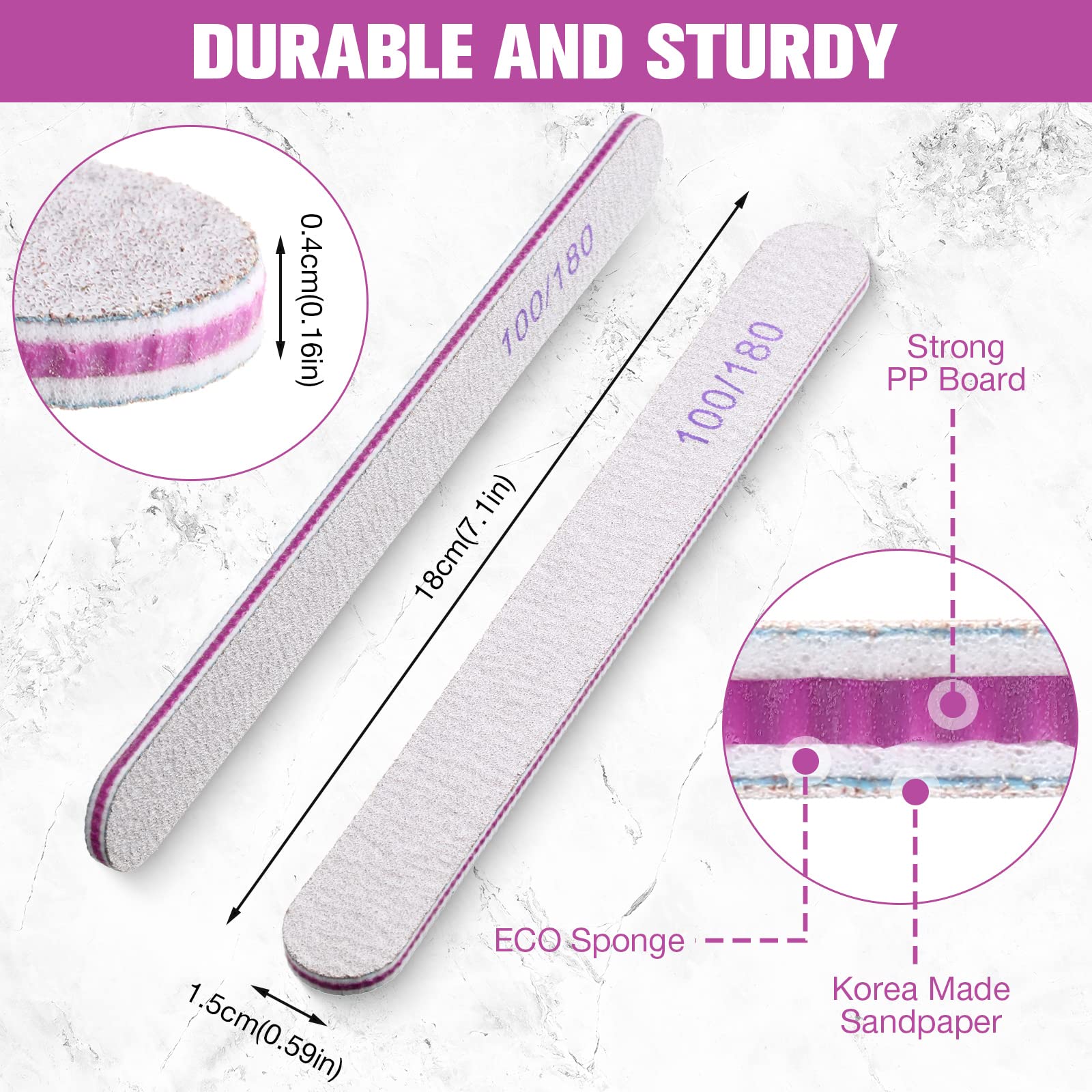 150 Pieces 100/180 Grit Nail Files Double Sided Emery Boards Washable Reusable Nail Buffers Manicure Tools for Natural Acrylic Toenails Home and Salon Use