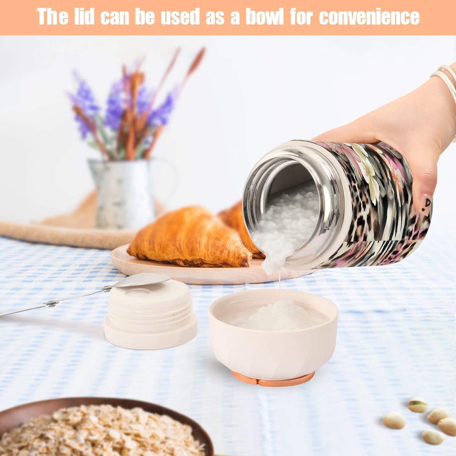CUPADA Animal Print Flower Food Jar for Hot and Cold, Leopard Texture Floral Insulated Food Jars Vacuum 17OZ with Folding Spoon for Work Trip Picnic Camping