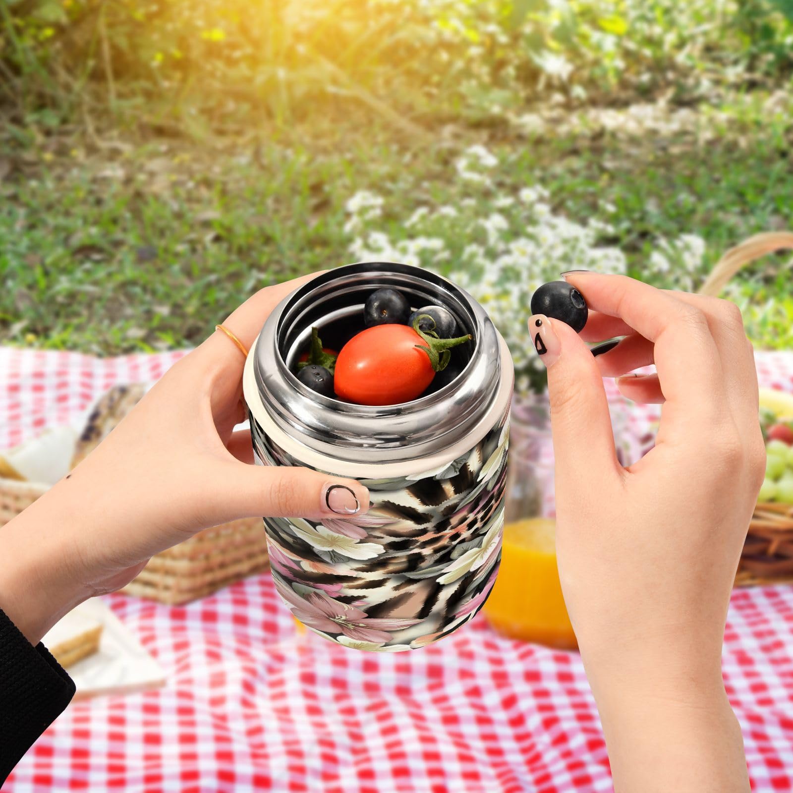 CUPADA Animal Print Flower Food Jar for Hot and Cold, Leopard Texture Floral Insulated Food Jars Vacuum 17OZ with Folding Spoon for Work Trip Picnic Camping