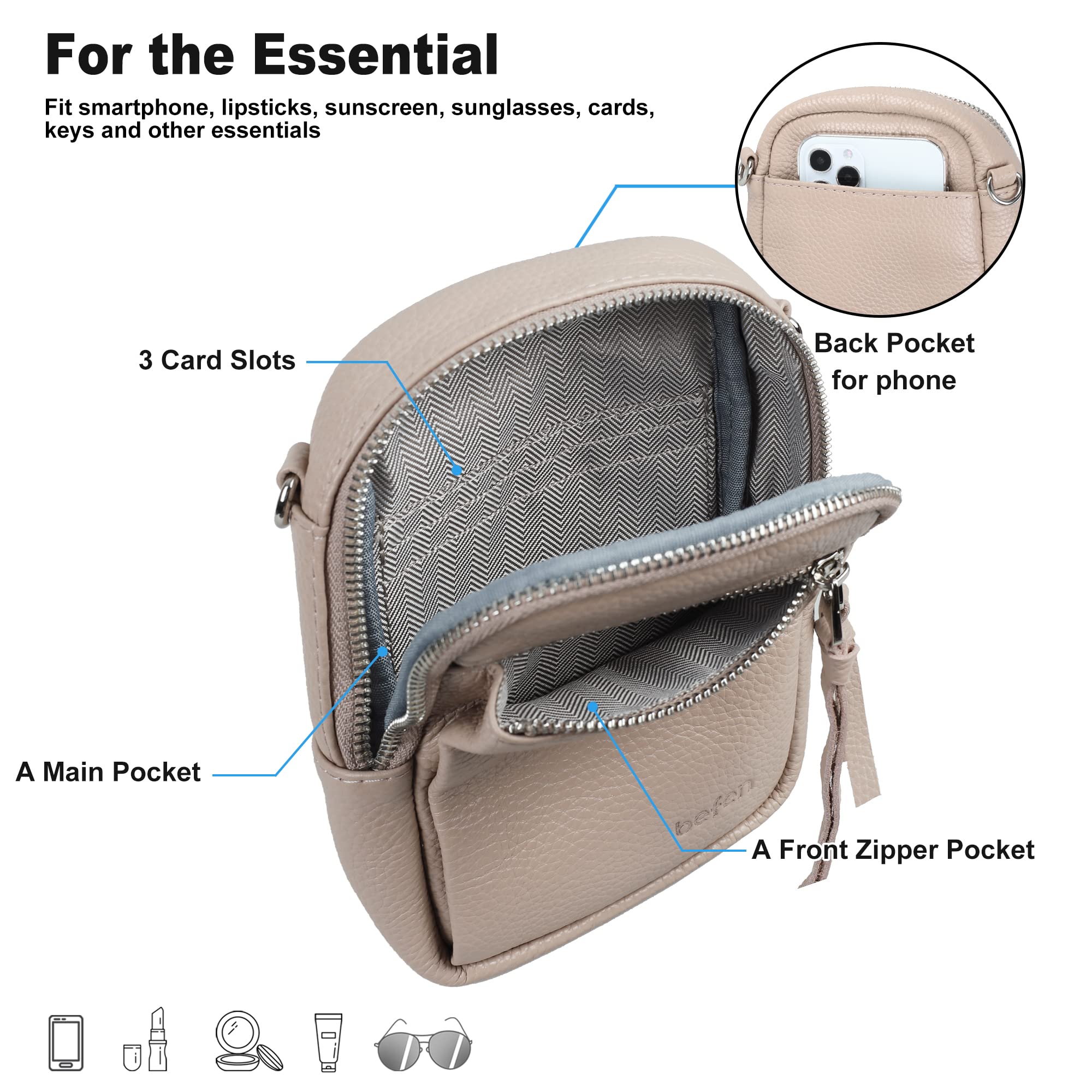 befen Small Genuine Leather Crossbody Cell Phone Bag Wallet Purse with Phone Pocket for Women (Nude)