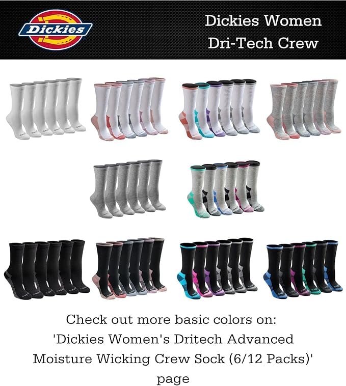 Dickies Women's Dri-Tech Fashion Moisture Control Crew Socks (5/6/12 Pairs) (S-XL), Black Heathered (6 Pairs), Large