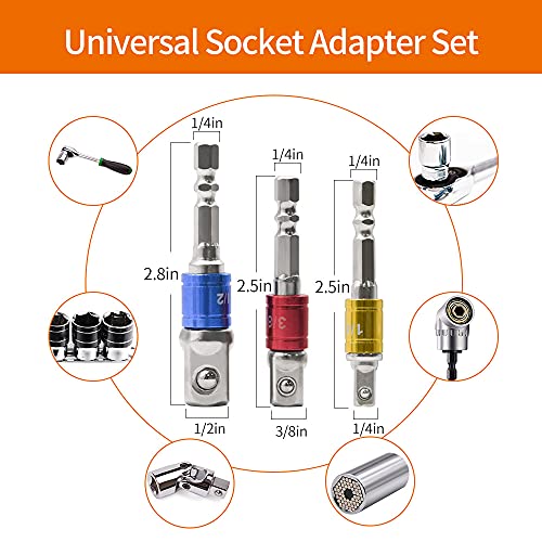 Flexible Drill Bit Extension Set & Universal Socket Tool, Bendable Drill Bit Extension, 3pcs Drill Bit Holder, 1/4 3/8 1/2" Universal Socket Adapter Set, 105° Right Angle Drill, Screwdriver Bit Kit